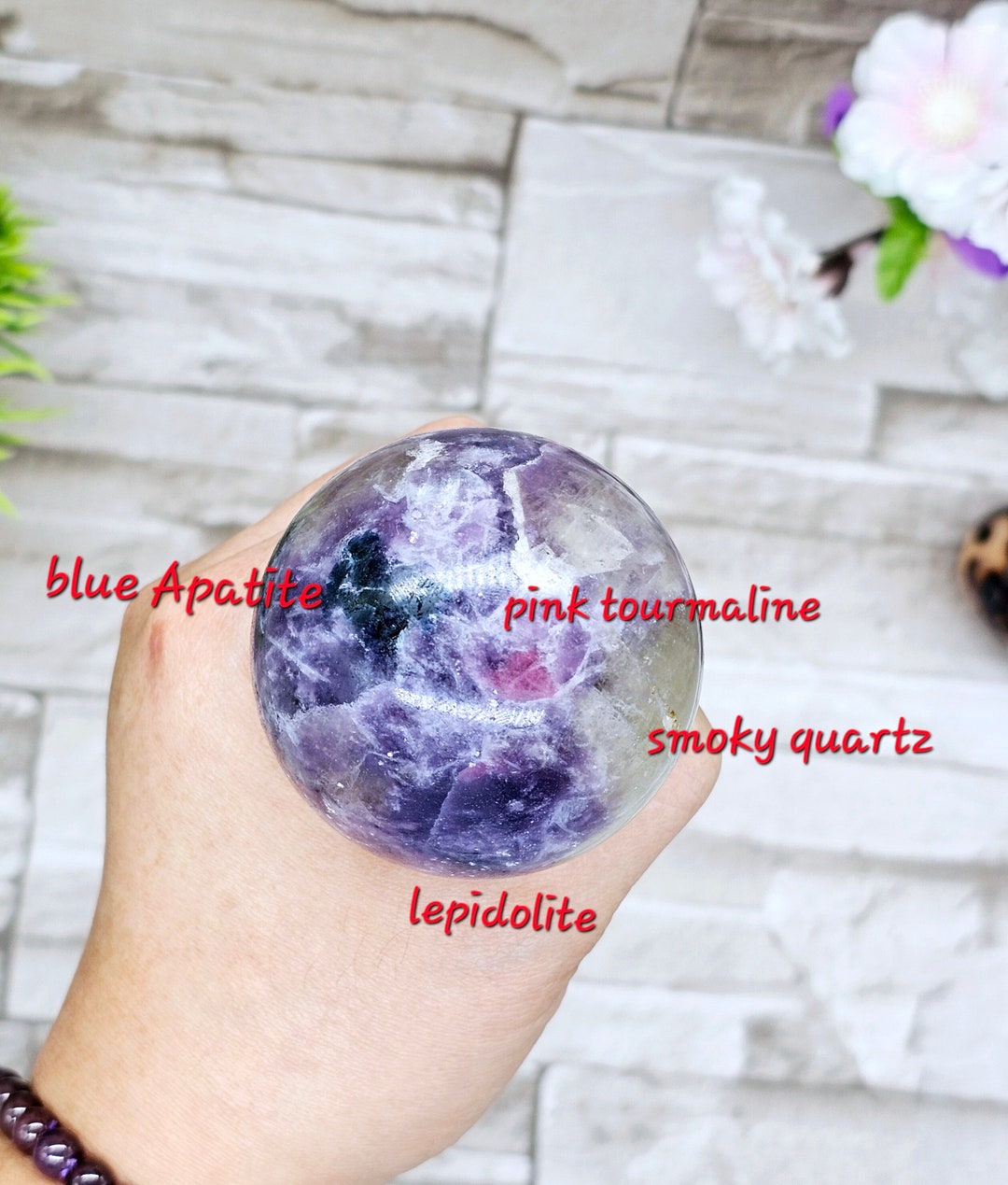 Unicorn Stone Sphere / 53mm / Lepidolite / Pink Tourmaline / Blue Apatite/ Smoky Quartz / Chakra ...