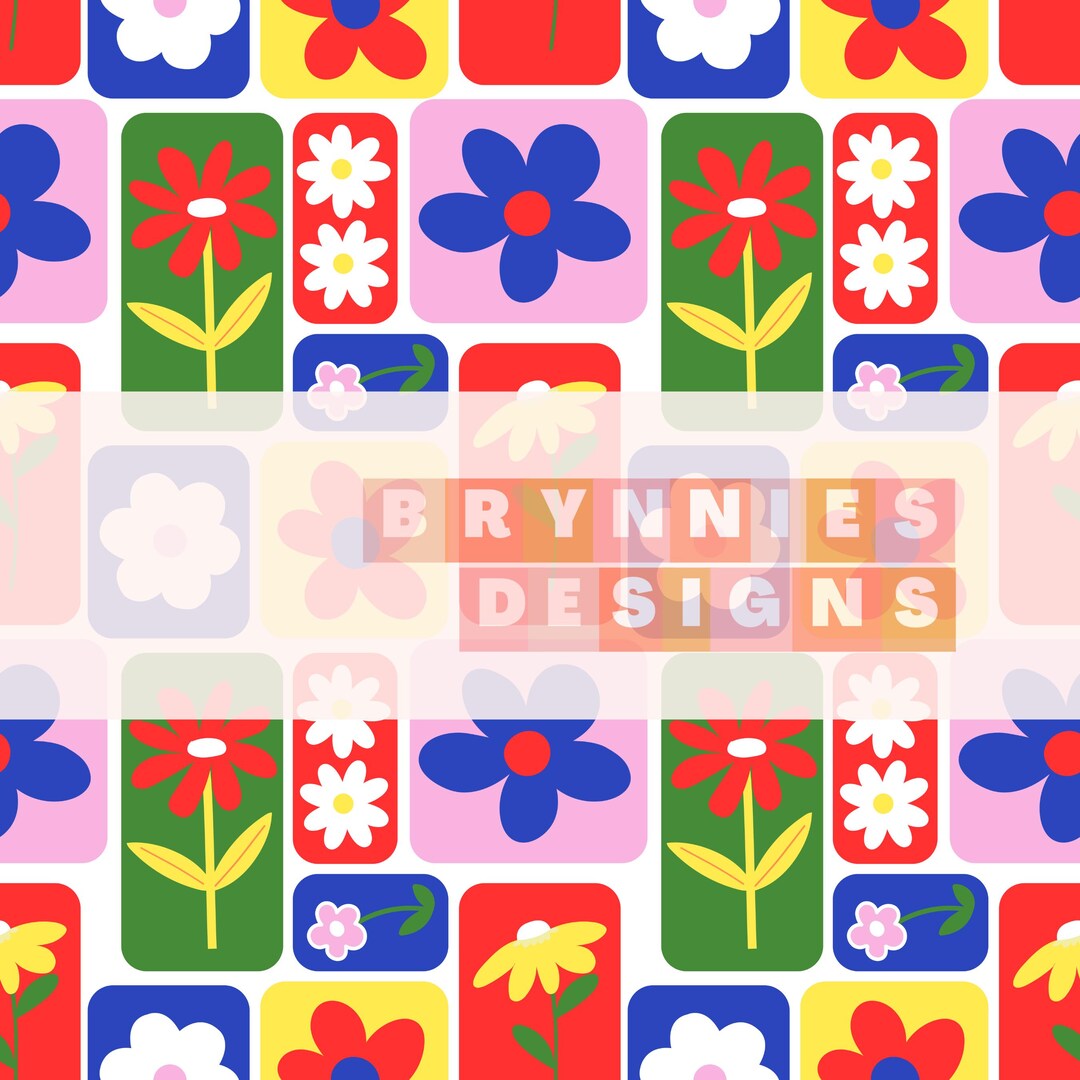 Primary Block Retro Flower Pink Design| Digital, Seamless Repeat ...