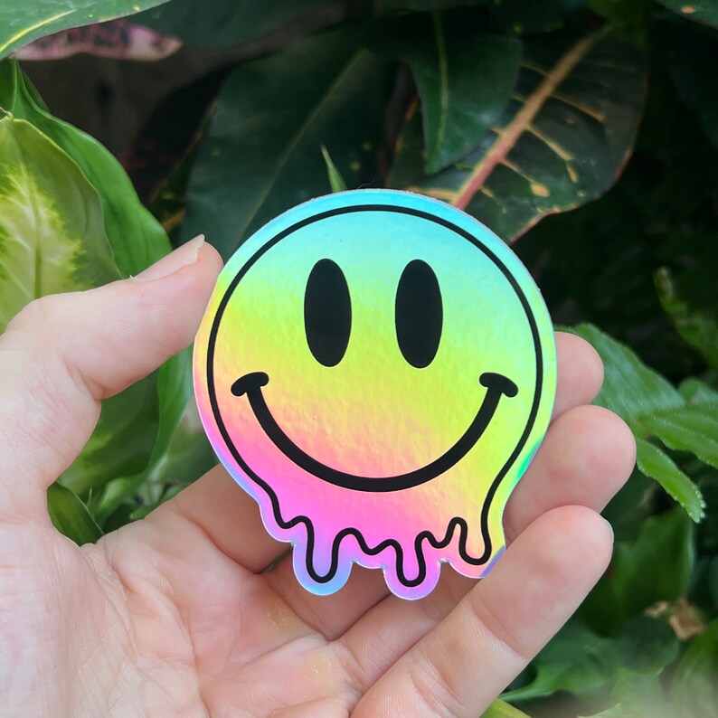 Holographic Happy Face Sticker - Drip Dripping Melting Smile Sticker ...