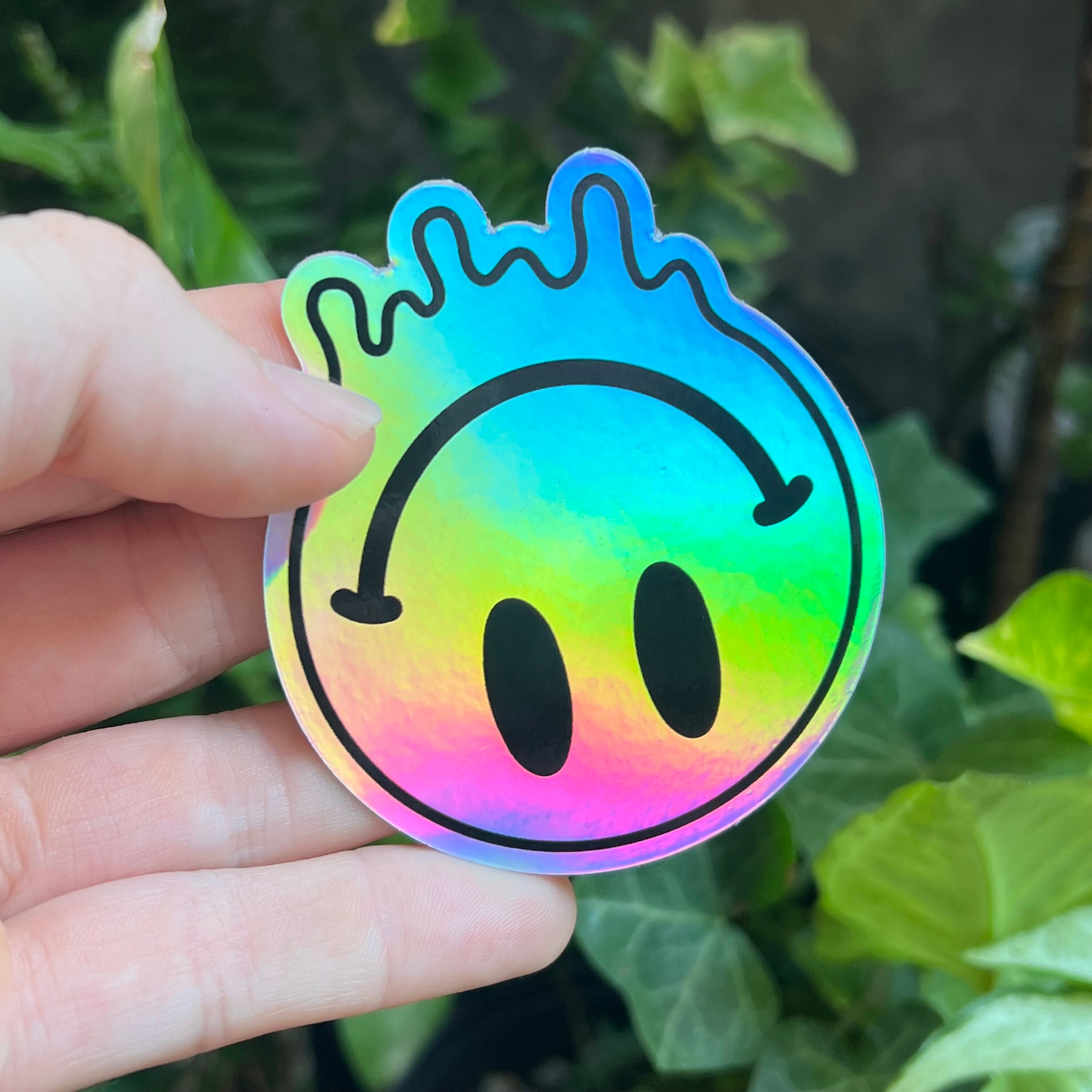 Holographic Happy Face Sticker - Drip Dripping Melting Smile Sticker ...
