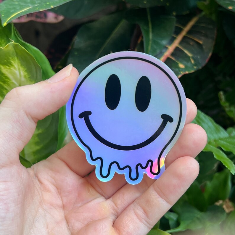 Holographic Happy Face Sticker - Drip Dripping Melting Smile Sticker ...