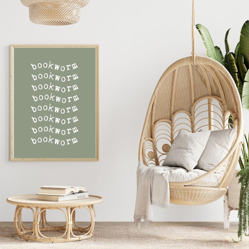 Sage Green Bookworm Print, Literary Wall Art for Bibliophiles, Digital ...