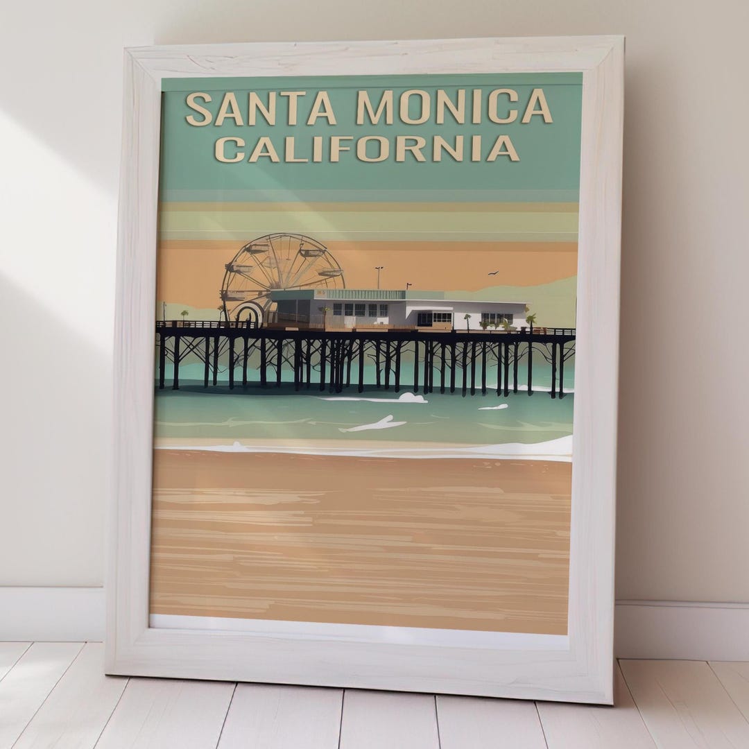 Santa Monica Pier Vintage Travel Poster, California Coastal Art ...