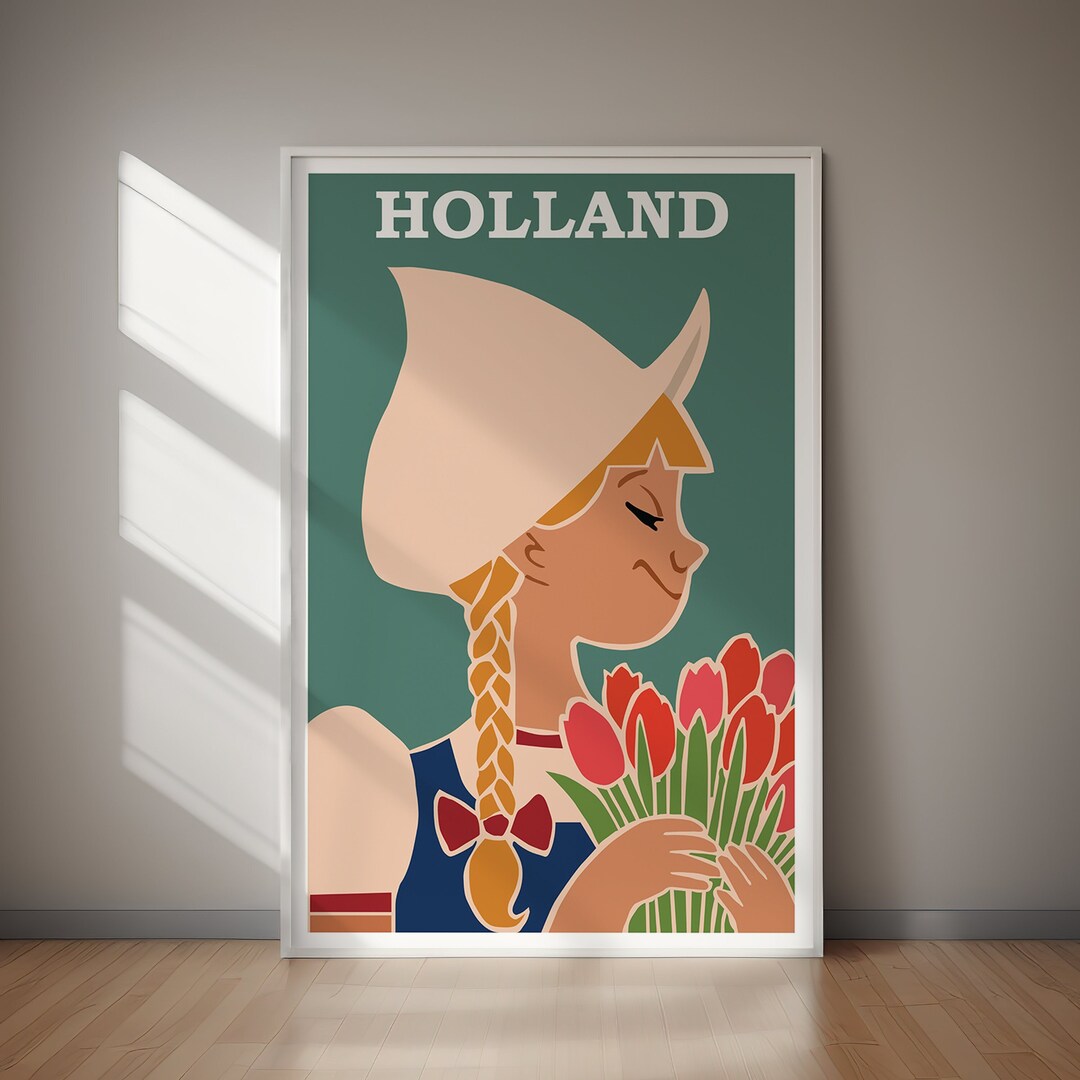 Holland Travel Poster, Dutch Girl With Tulips Print (digital Download ...