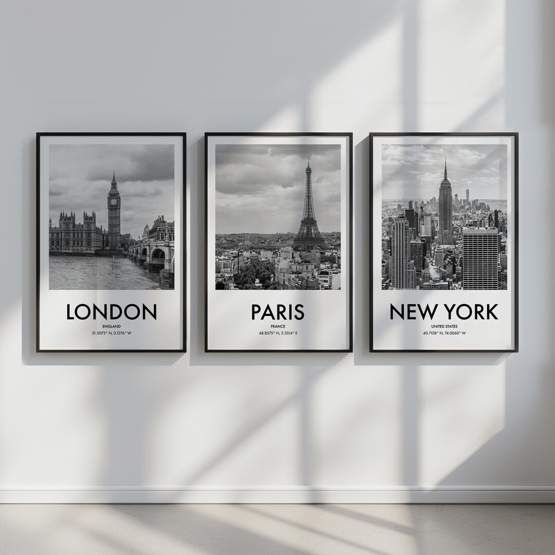 London, Paris, New York Triple Posters, Printable Travel Poster, BW ...