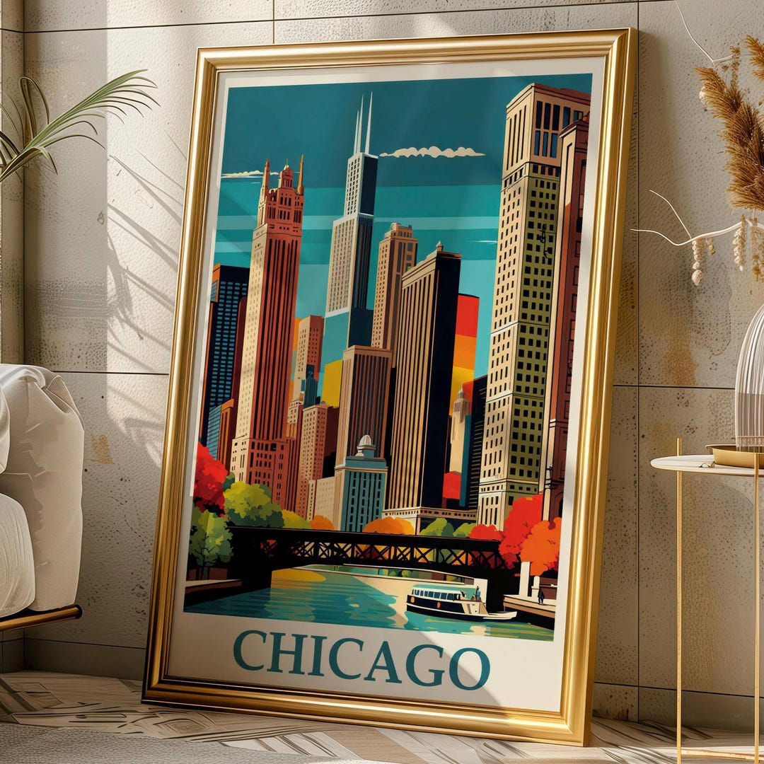 Chicago Travel Poster Vintage City Skyline Art (digital Download ...