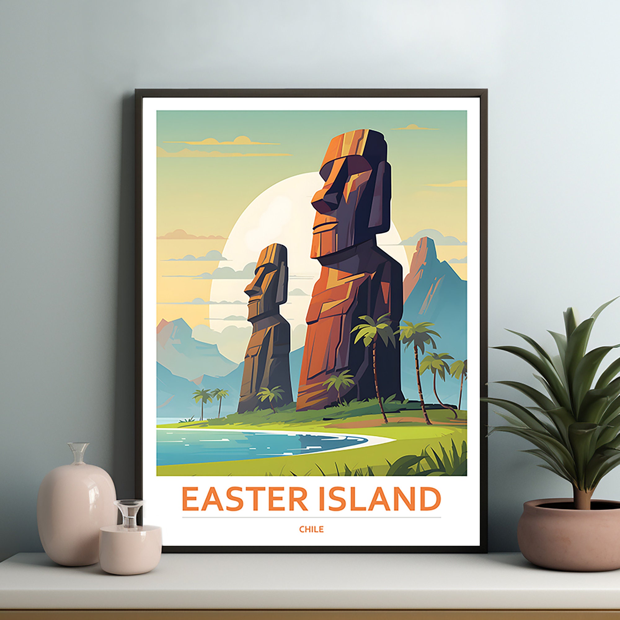Easter Island Poster Chile Travel Art Moai Statue Print DIGITAL ...