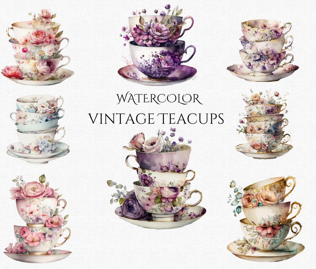 Watercolor Teacup Clipart Bundle PNG Vintage Stack of Teacups ...
