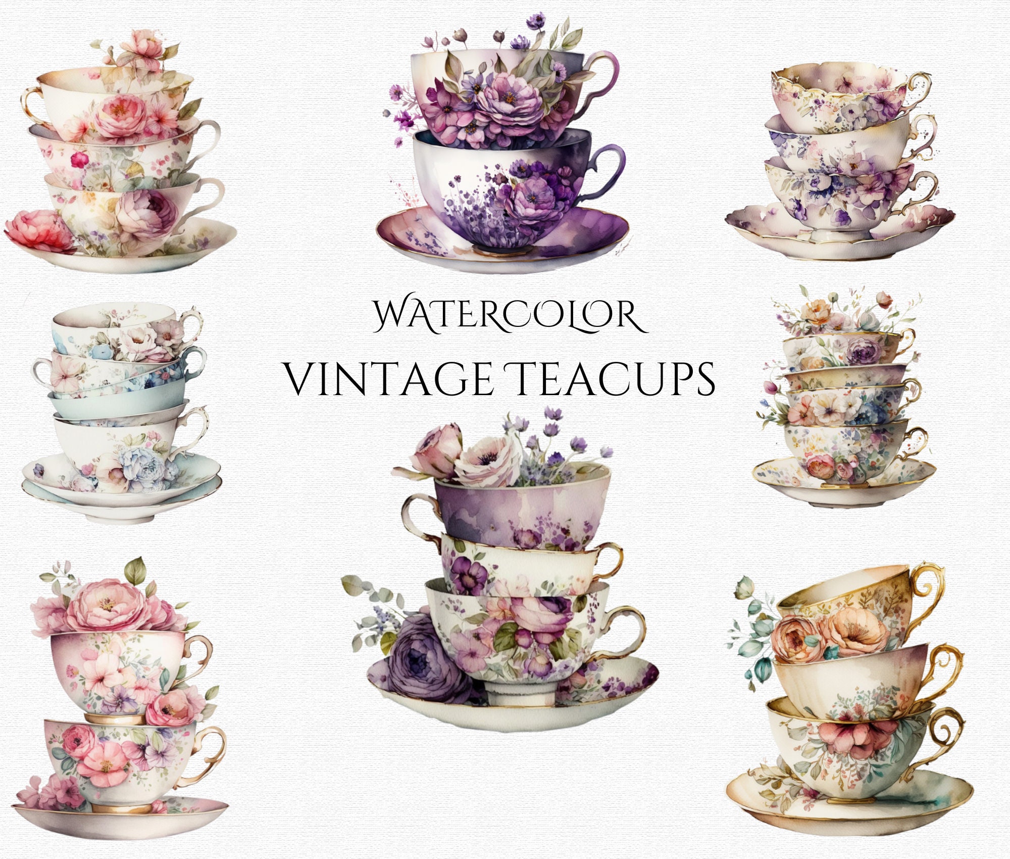 Watercolor Teacup Clipart Bundle PNG Vintage Stack of Teacups ...