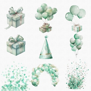 Vintage Neutral Watercolor Birthday Clipart PNG Green Balloons Clipart ...