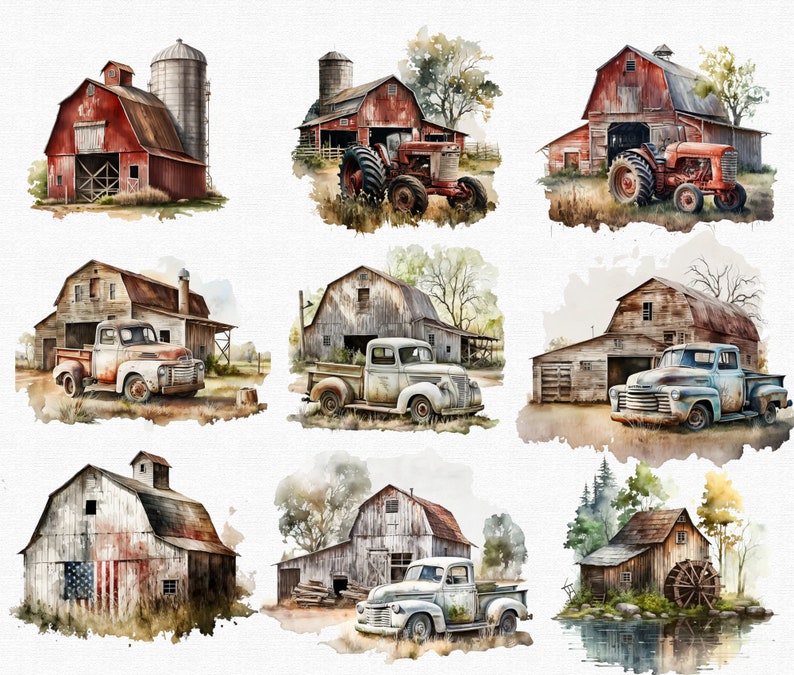 Watercolor Rustic Farm Barns Clipart PNG Sublimation Bundle Watercolour ...
