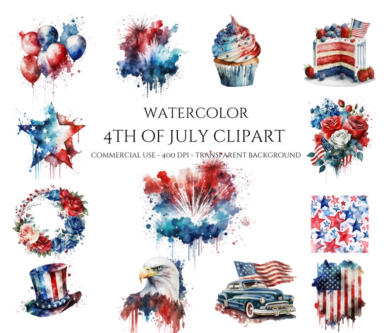 4th of July Png Watercolor Clipart Bundle Png Independence Day Clipart ...