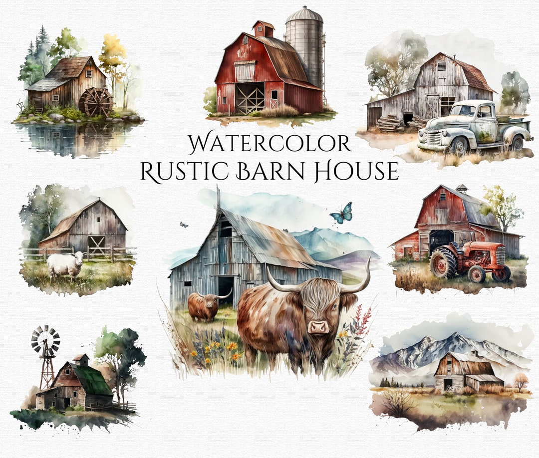Watercolor Rustic Farm Barns Clipart PNG Sublimation Bundle Watercolour ...