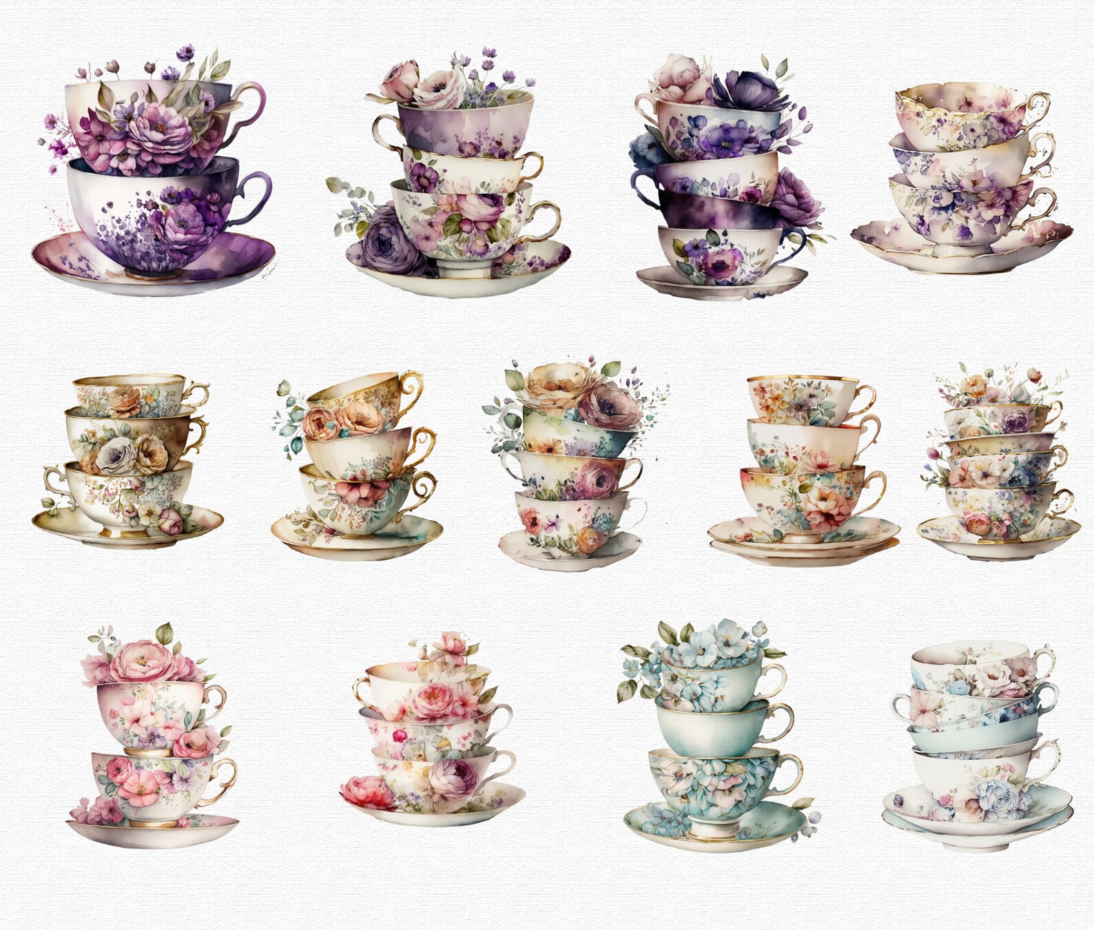 Watercolor Teacup Clipart Bundle PNG Vintage Stack of Teacups ...