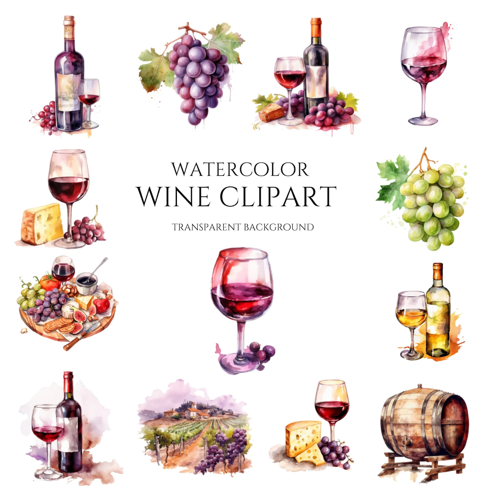Watercolor Wine Clipart Bundle, Digital Download, PNG Graphics ...