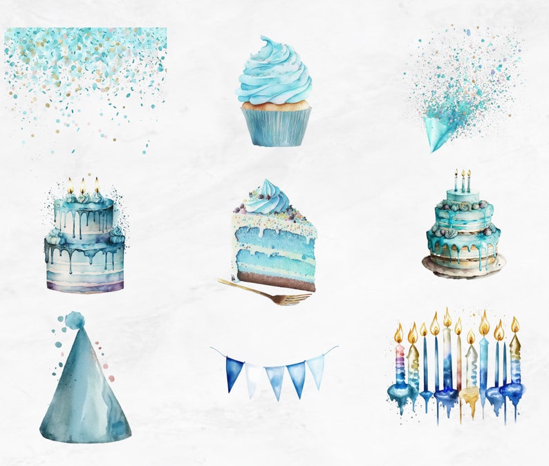 Watercolor Blue Baby Boy Birthday Gift Clipart PNG Birthday - Etsy