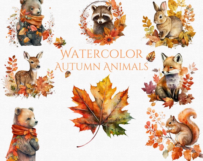 Autumn Woodland Watercolor Animal Clipart PNG Fall Floral Clipart for ...