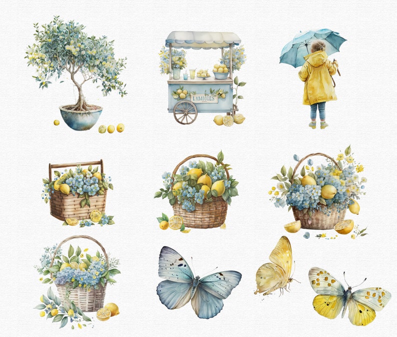Watercolor Lemon Clipart Bundle PNG Floral Dusty Blue Wedding - Etsy