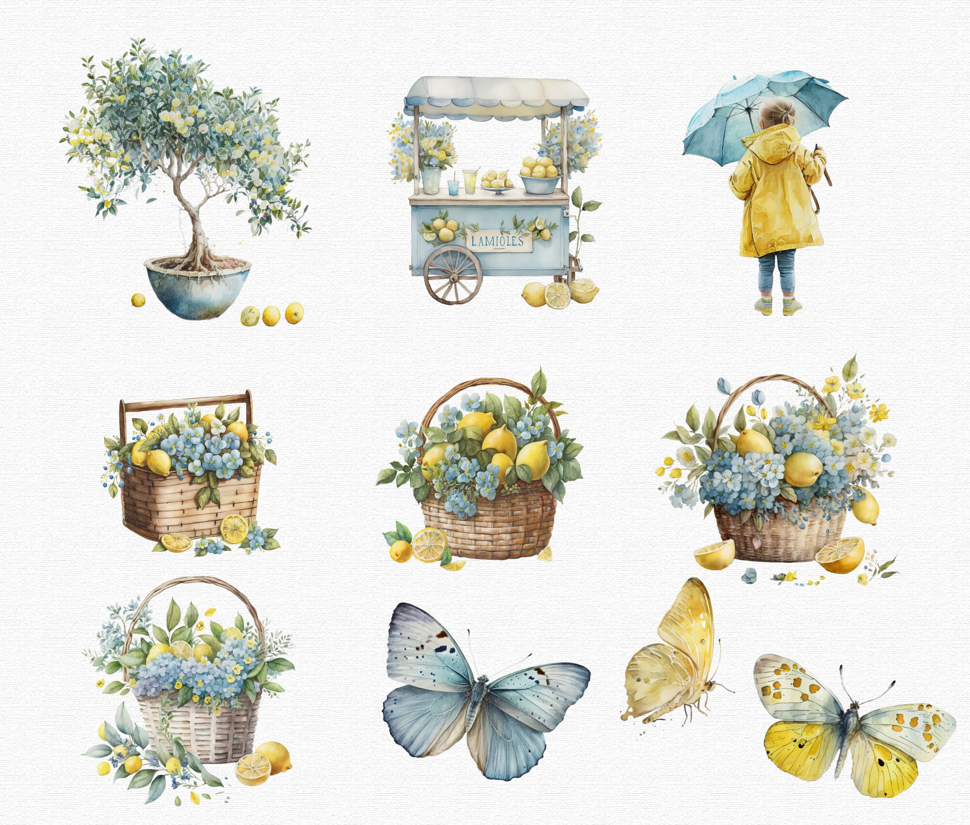 Watercolor Lemon Clipart Bundle PNG Floral Dusty Blue Wedding Clipart ...
