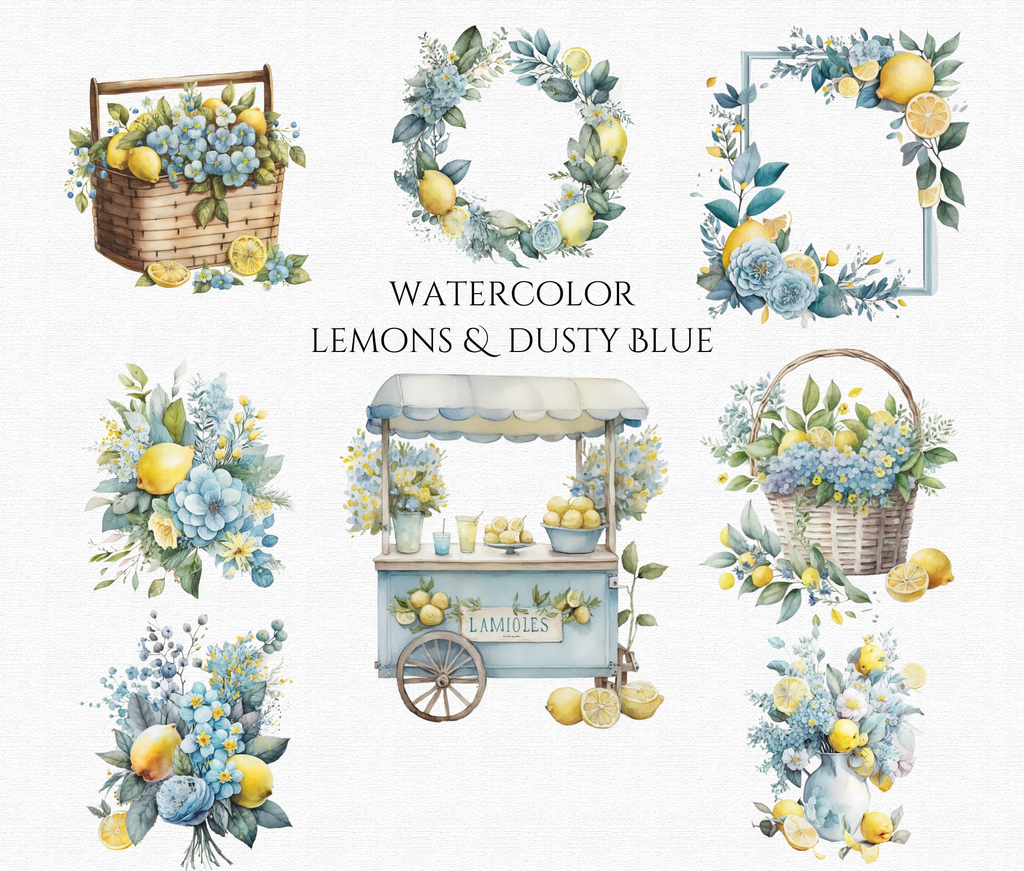 Watercolor Lemon Clipart Bundle PNG Floral Dusty Blue Wedding Clipart ...