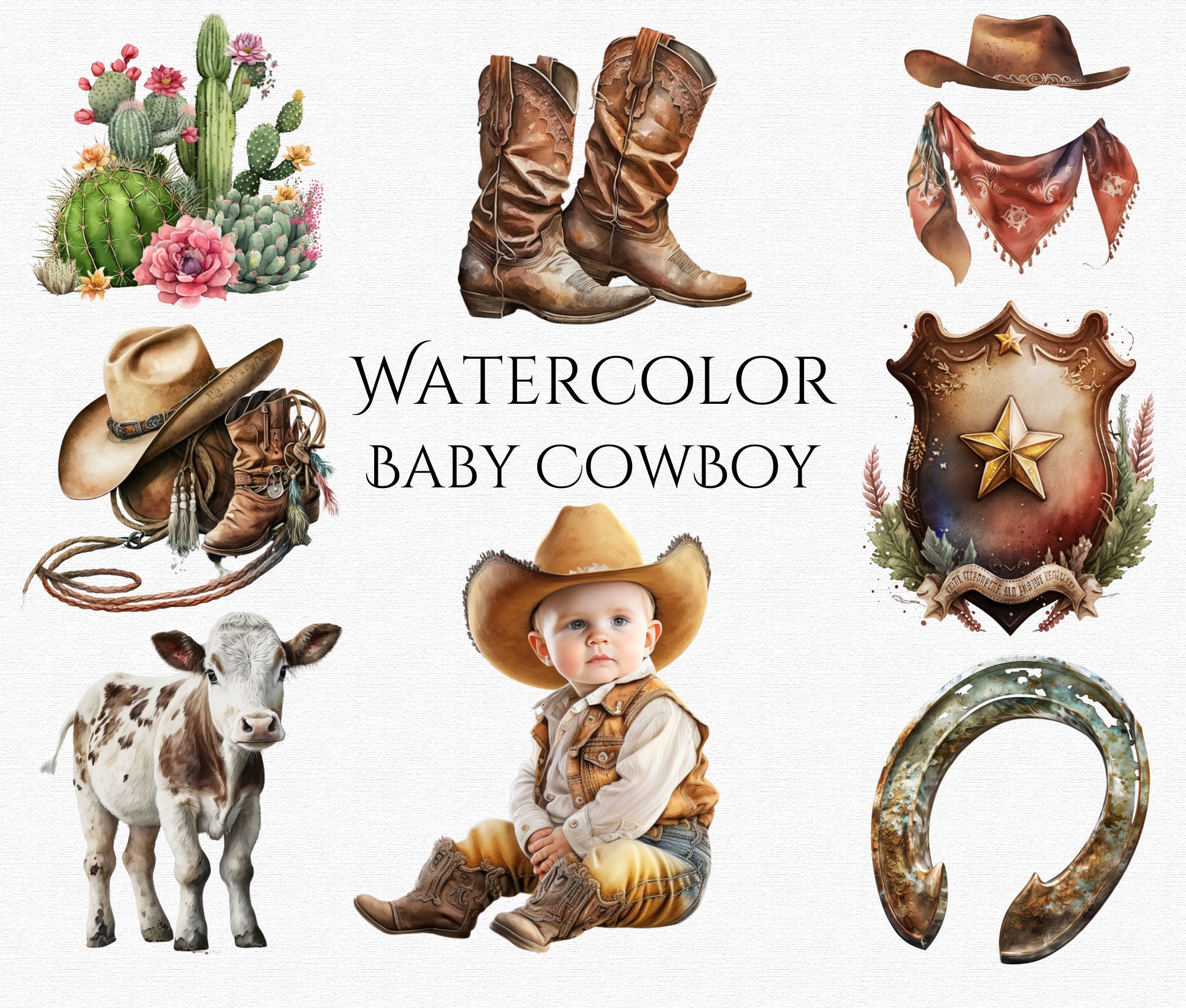 Watercolor Western Nursery Clipart PNG Baby Cowboy Clip Art Bundle PNG ...