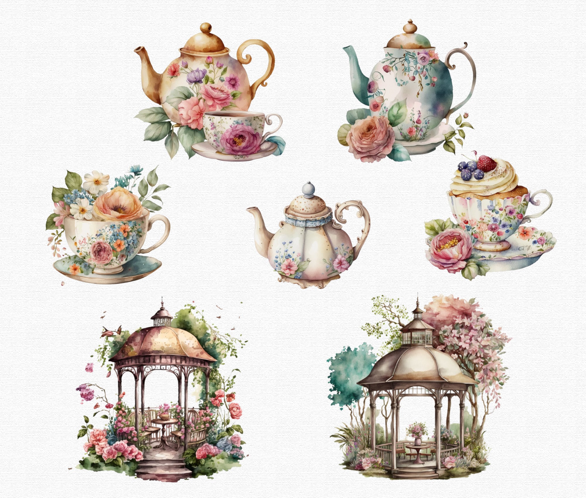 Watercolor Vintage Teacup Clipart Bundle Afternoon Tea Party Clip Art ...