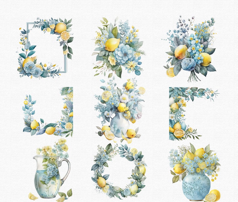 Watercolor Lemon Clipart Bundle PNG Floral Dusty Blue Wedding Clipart ...