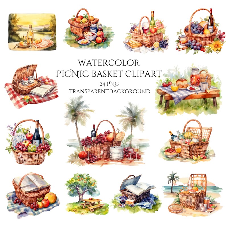 Watercolor Picnic Basket Clipart Watercolor Picnic Clipart - Etsy