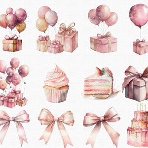 Watercolor Pink Baby Girls Birthday Clipart Bundle PNG Birthday Present ...