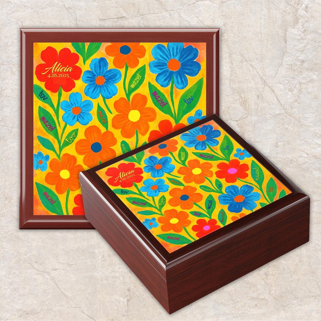 Personalized Bar Bat Mitzvah Jewelry Box: Varnished Wood, Ceramic Tile ...