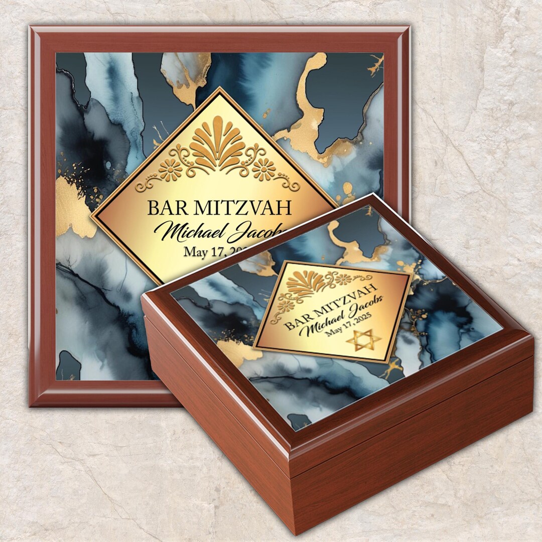 Personalized Bar Bat Mitzvah Jewelry Box: Varnished Wood, Ceramic Tile ...