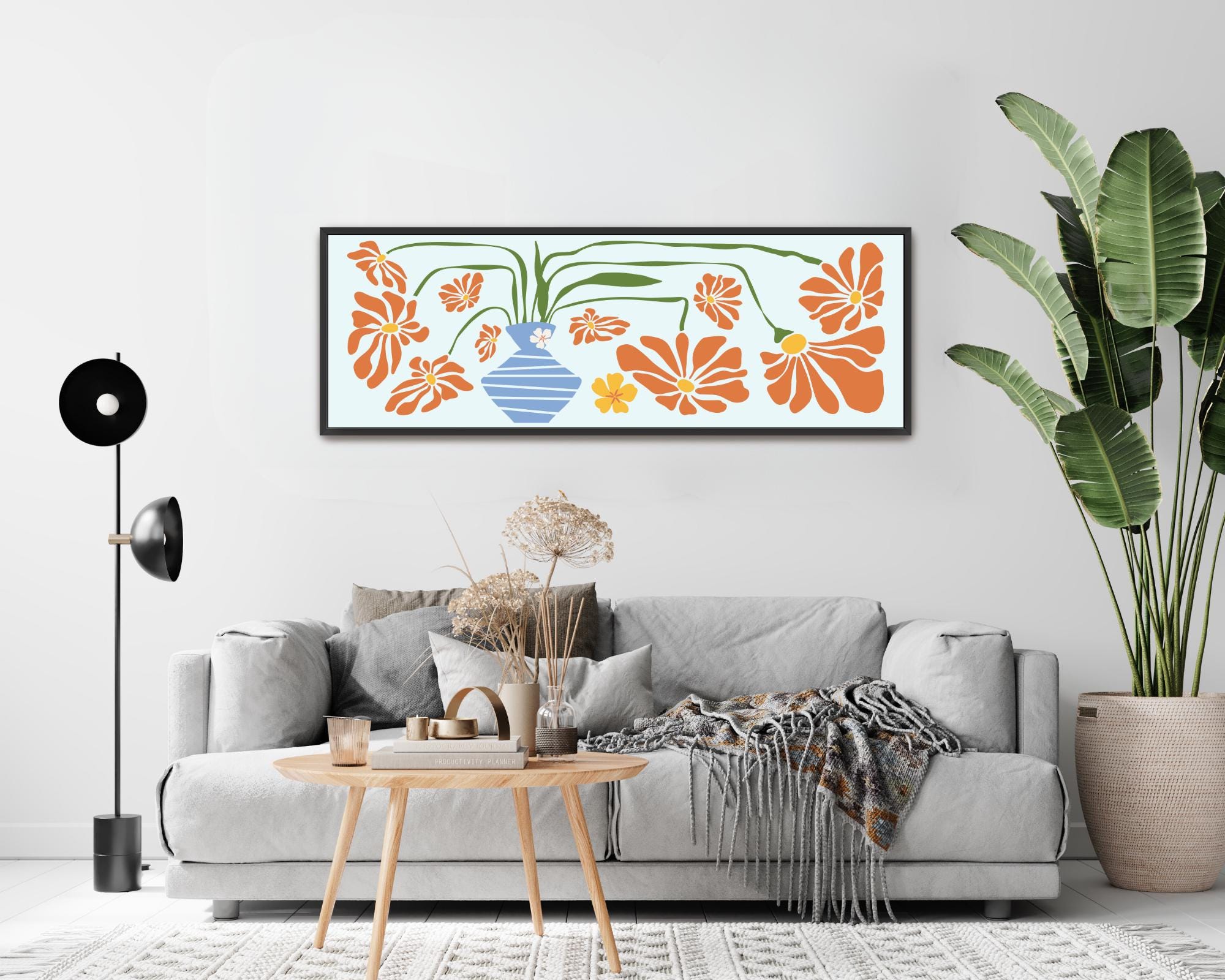 Framed Floral Horizontal Canvas Art: Abstract Botanical Print, Long ...