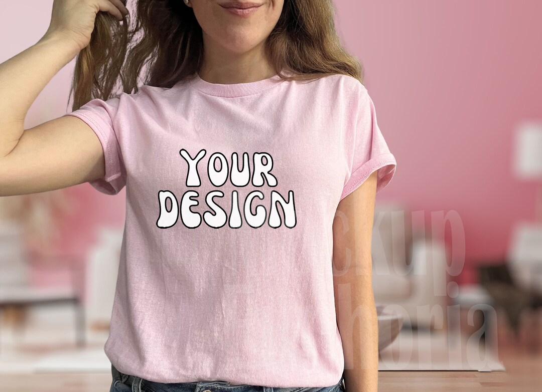 Gildan 5000 Light Pink Shirt Mockup, Female Model, Light Pink Shirts ...