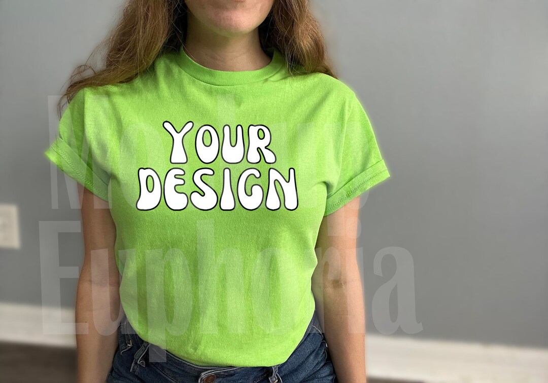 Gildan 5000 Lime Green Shirt Mockup, Female Model, Lime Green Shirts ...