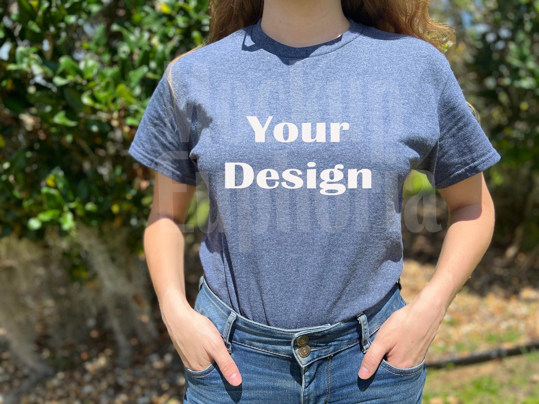 Gildan 5000 Dark Heather Shirt Mockup, Female Model, Dark Heather ...