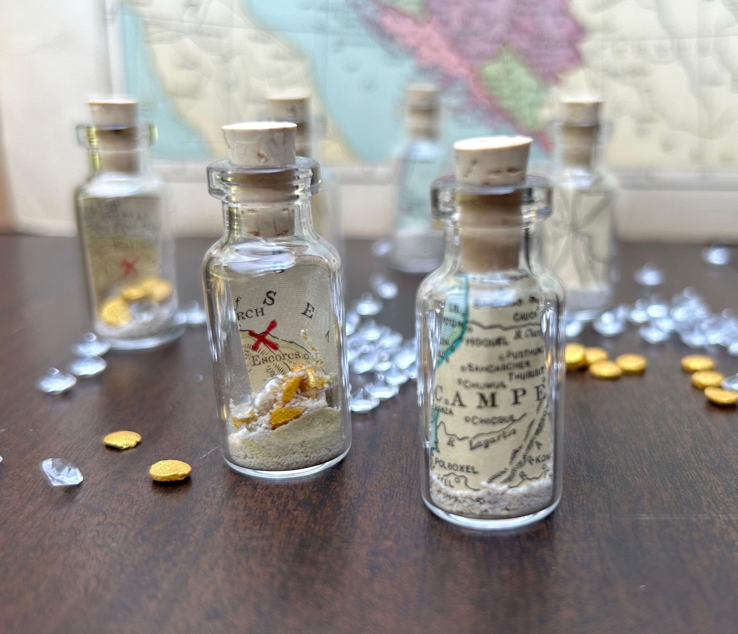 Tiny Bottle With Treasure Map, Jewel, Gold Coins, Sand, Shells, Party ...