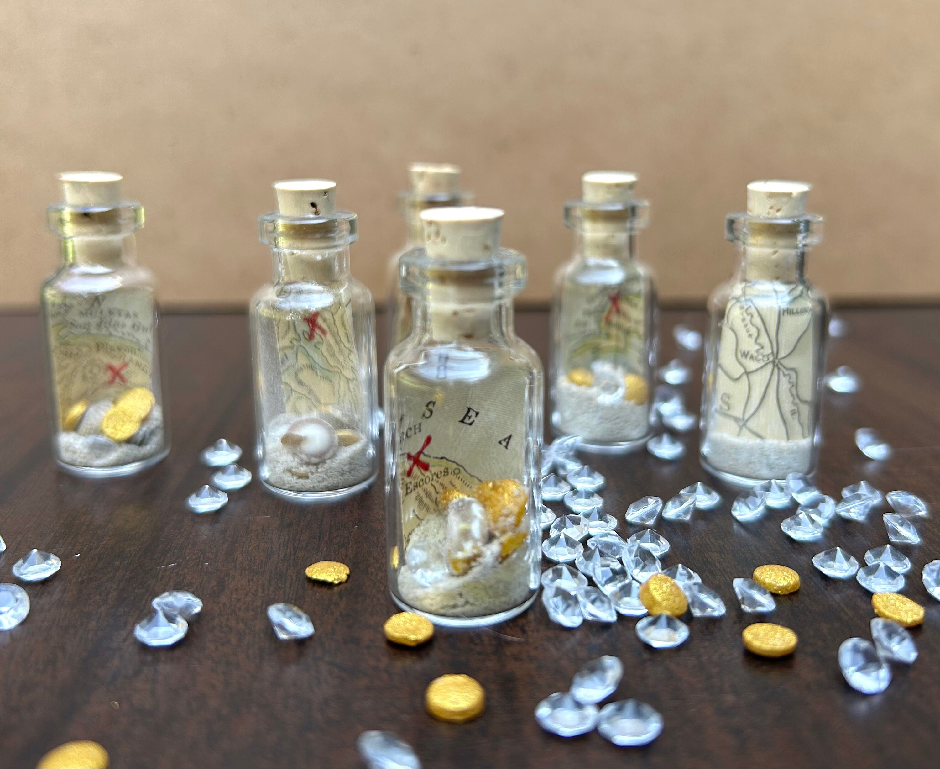 Tiny Bottle With Treasure Map, Jewel, Gold Coins, Sand, Shells, Party ...