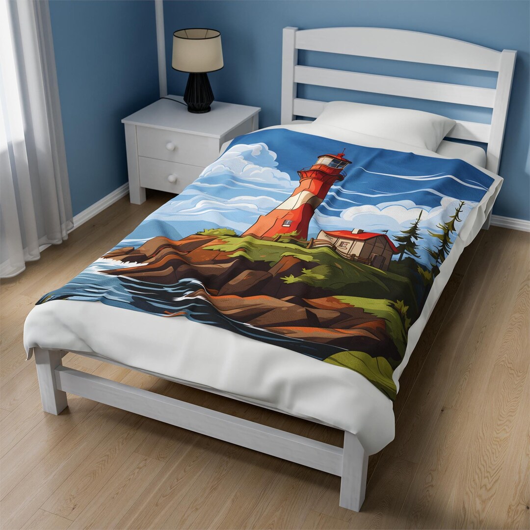 Vibrant Lake, Lighthouse, and Rocks Plush Blanket Mom Gift Velveteen ...