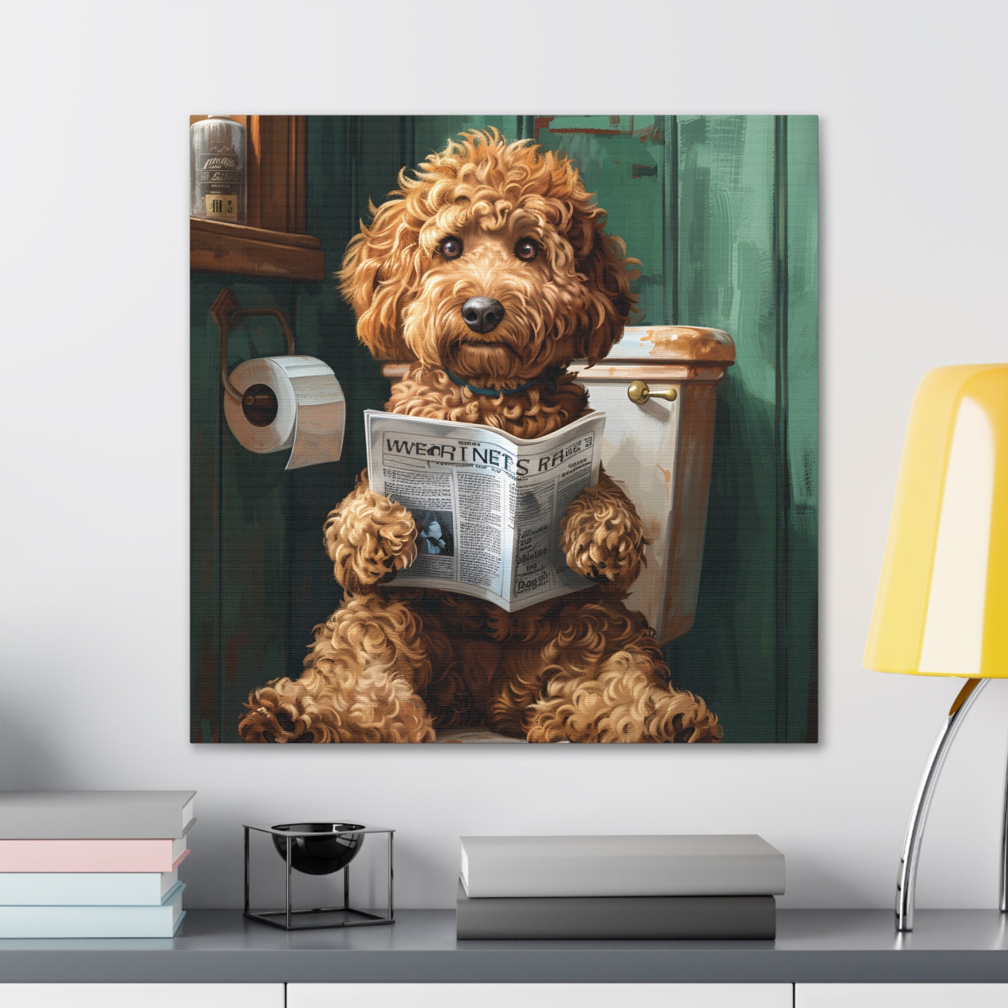 Cute Doodle Wall Art Goldendoodle on the Toilet With Newspaper, Funny ...