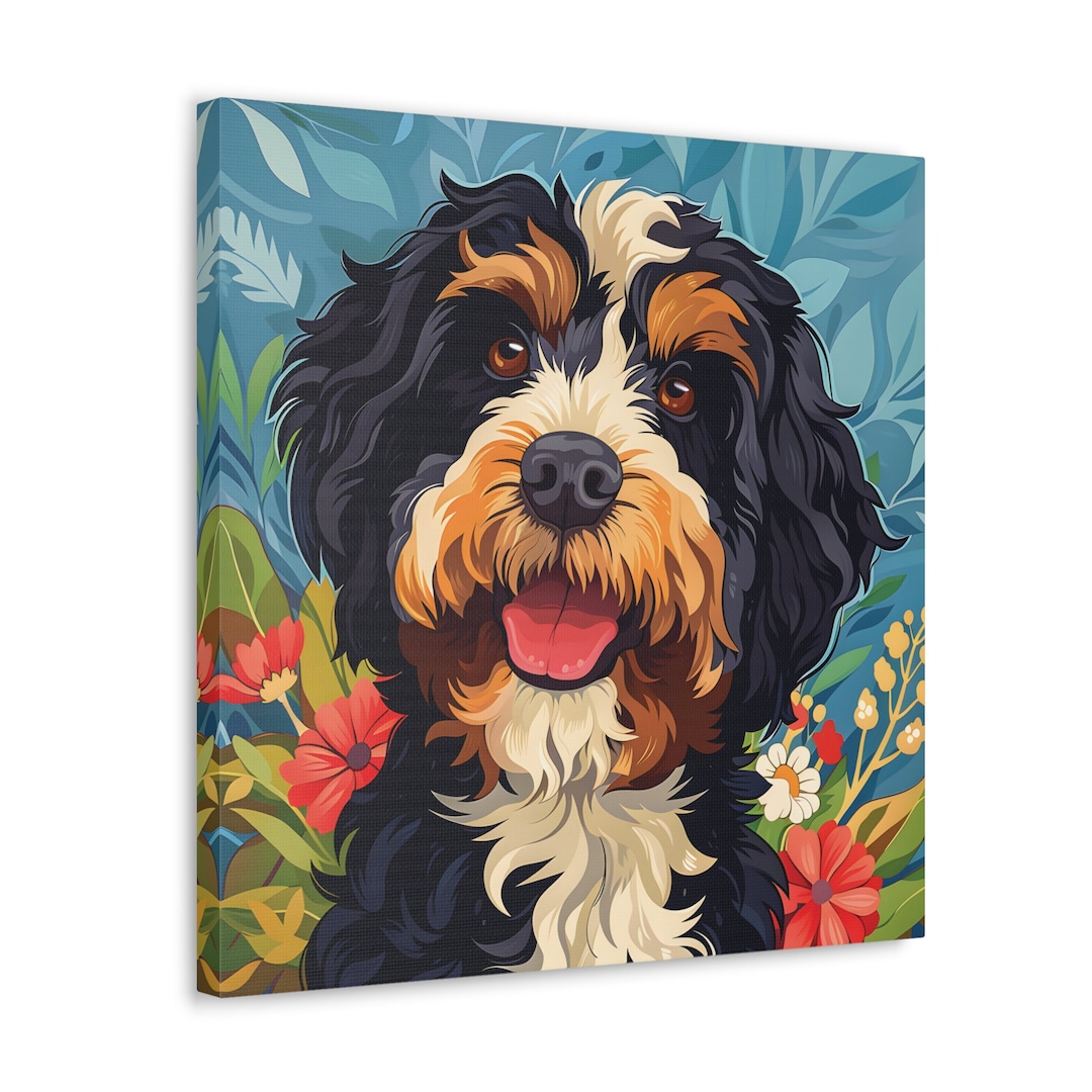 Bernedoodle in Flowers Artwork Floral Dog Art Wall Canvas Doodle Art ...