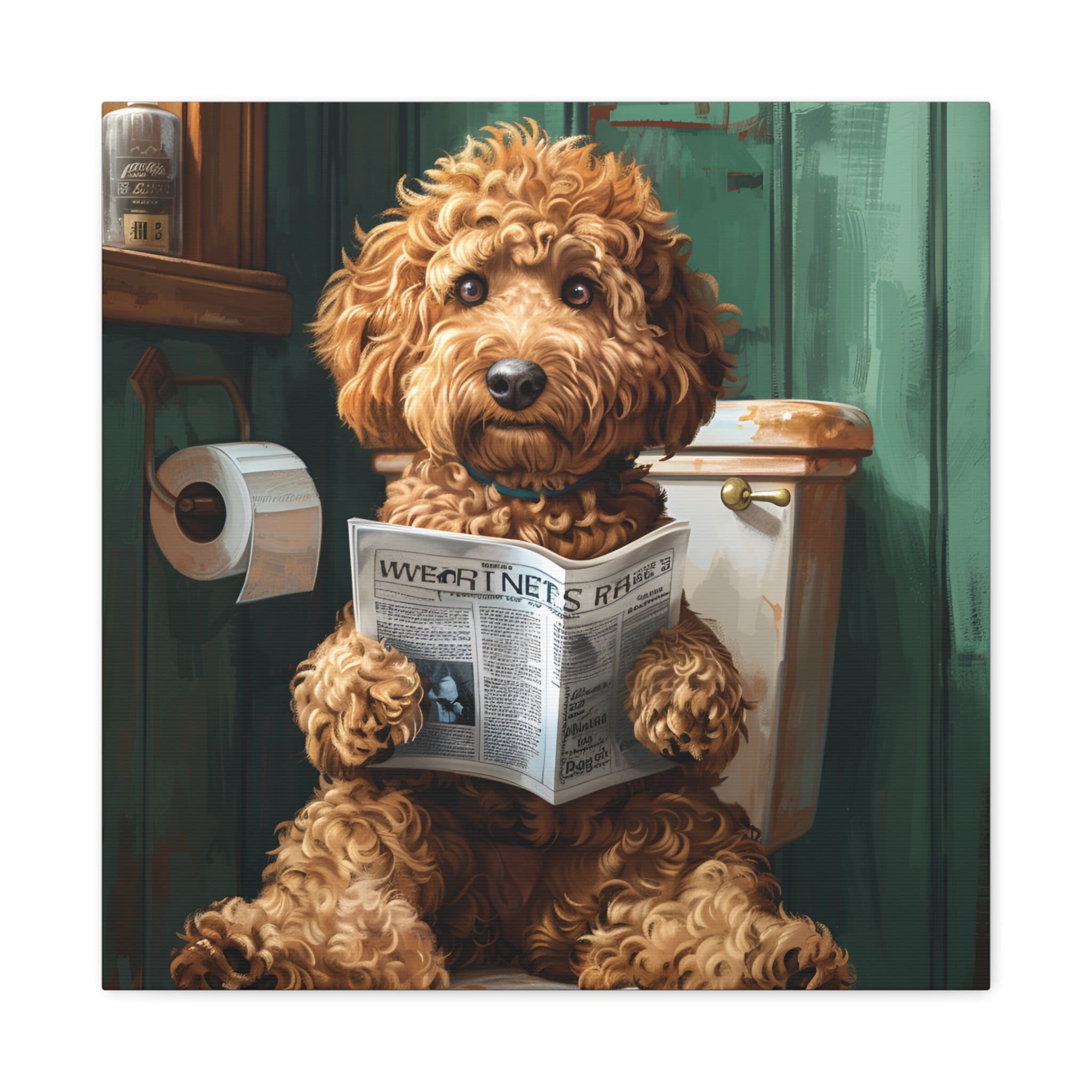 Cute Doodle Wall Art Goldendoodle on the Toilet With Newspaper, Funny ...