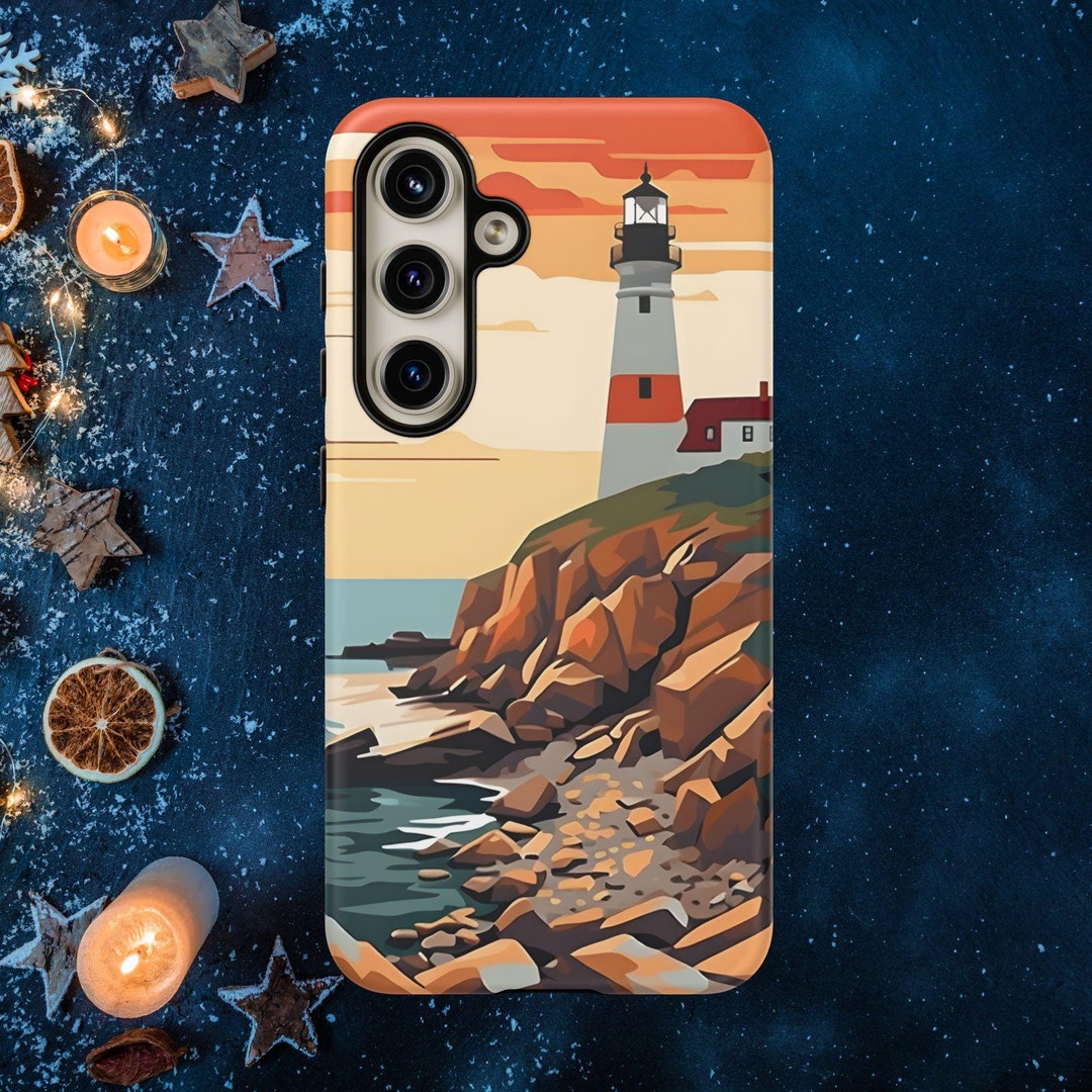 Phone Case, Great Lakes Lighthouse Rocky Shore Sunset, Tough Protective ...