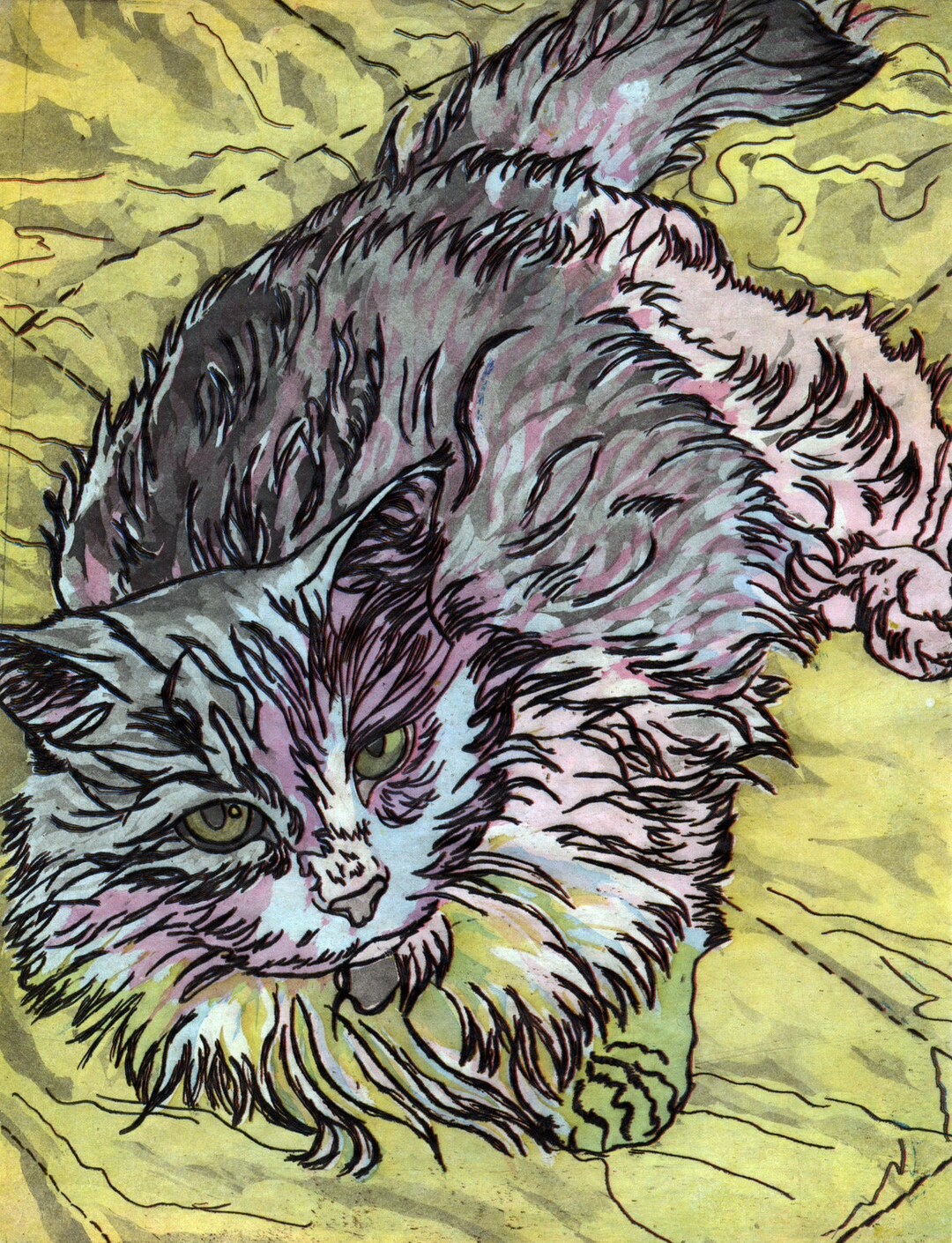 Colorful Cute Cat Art Pet Portrait Intaglio Etching Print - Etsy