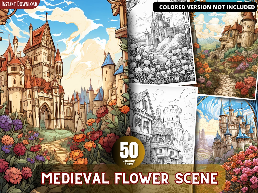 Medieval Flower Scene Coloring Pages for Adults and for Kids, Grayscale ...