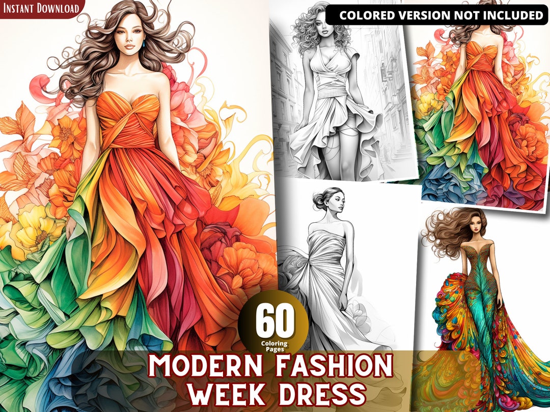 Modern Fashion Week Dress Coloring Pages for Adults and for - Etsy