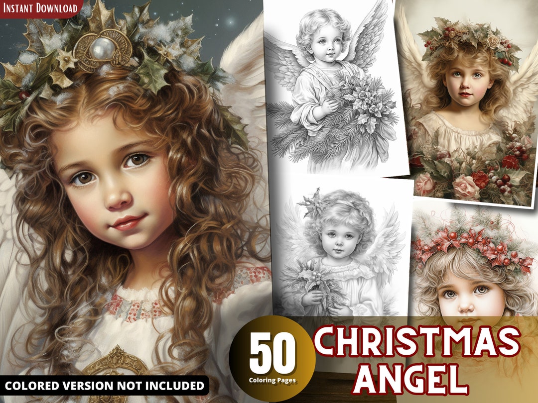 Christmas Angels Coloring Pages for Adults and for Kids Grayscale ...