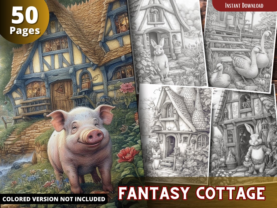 Fantasy Cottage Yard With Farm Animals, 50 Coloring Pages for Adults ...