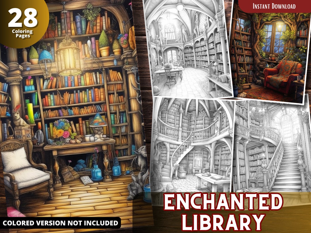 Enchanted Library Coloring Pages for Adults and for Kids - Etsy