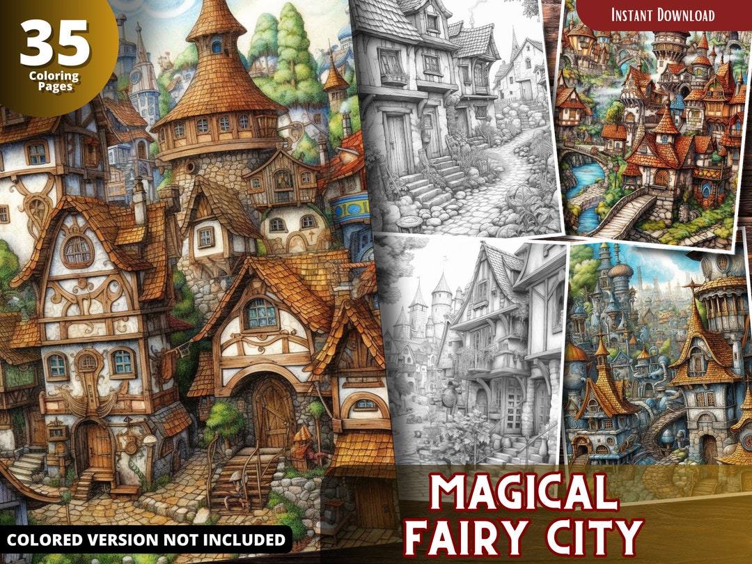 Magical Fairy City Coloring Pages for Adults and for Kids for Relax and ...