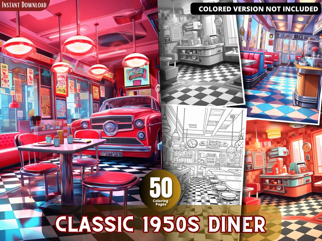 Classic 1950s Diner Coloring Pages for Adults and for Kids for - Etsy